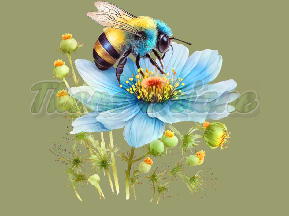 TkaneDziane.pl > PANEL PSZCZOŁA NA NIEBIESKIM KWIATKU NR 2TŁO OLIWKOWE